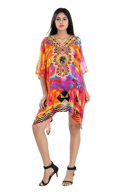 Abstract print short Silk Kaftan with Side cuts, Short Kaftan dresses ...