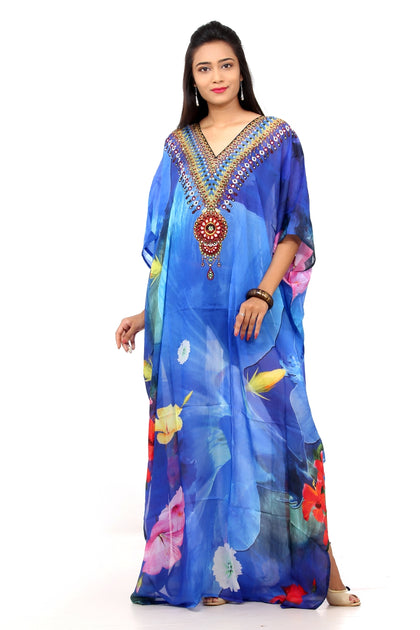Silk Kaftan with a spiral of aromatic and colourful flowers and embell ...