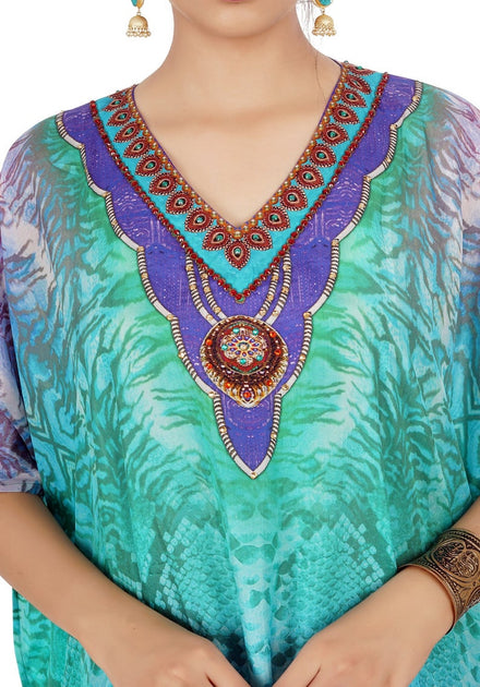 Beautiful Printed Silk caftan tunic, Beaded Kaftan dress, V-Neck ...