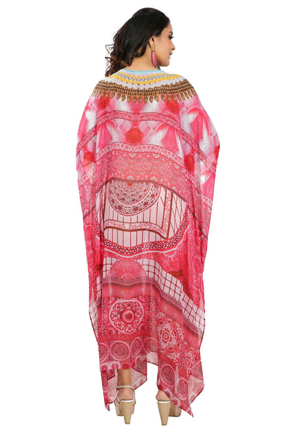 Luxury Pink Color Floral Art on Lace Up Caftan – Silk kaftan